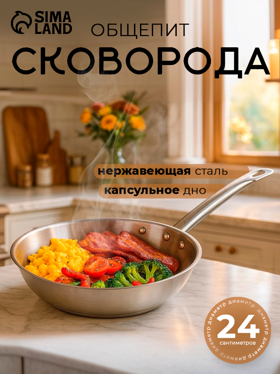 Сковорода для индукционной плиты «Общепит», d=24 см, толщина 0.6 мм, дно 3.5 мм, h=5.5 см, нержавеющая сталь