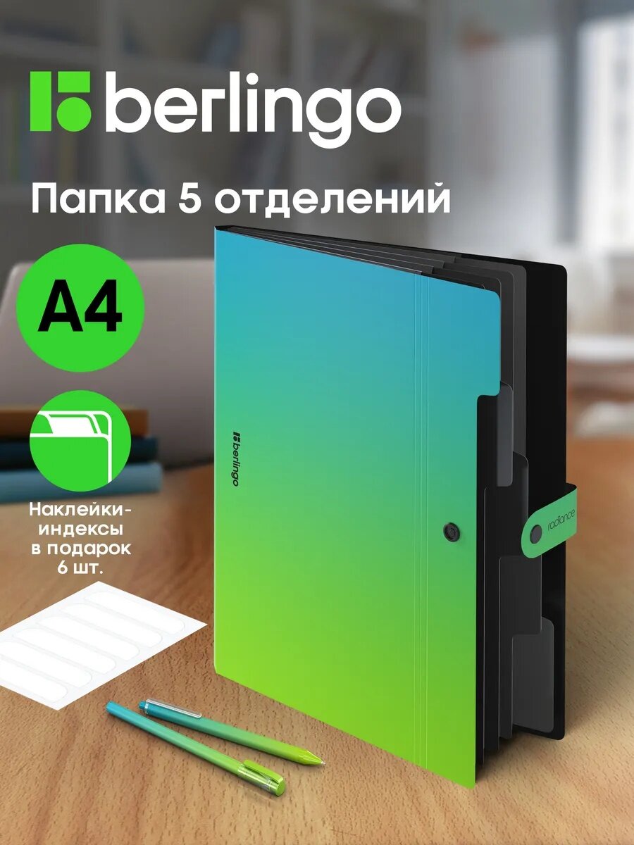 Папка для документов на кнопке, А4, 5 отделений Berlingo "Radiance", 600мкм, , голубой/зеленый градиент