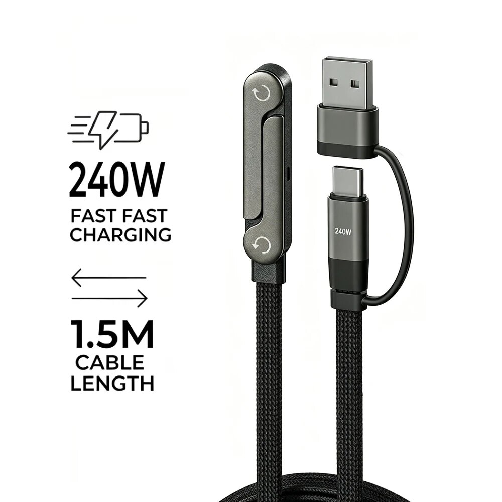 KEBIDU 2-в-1 кабель Type-C с держателем для телефона 240 Вт Black 2in1