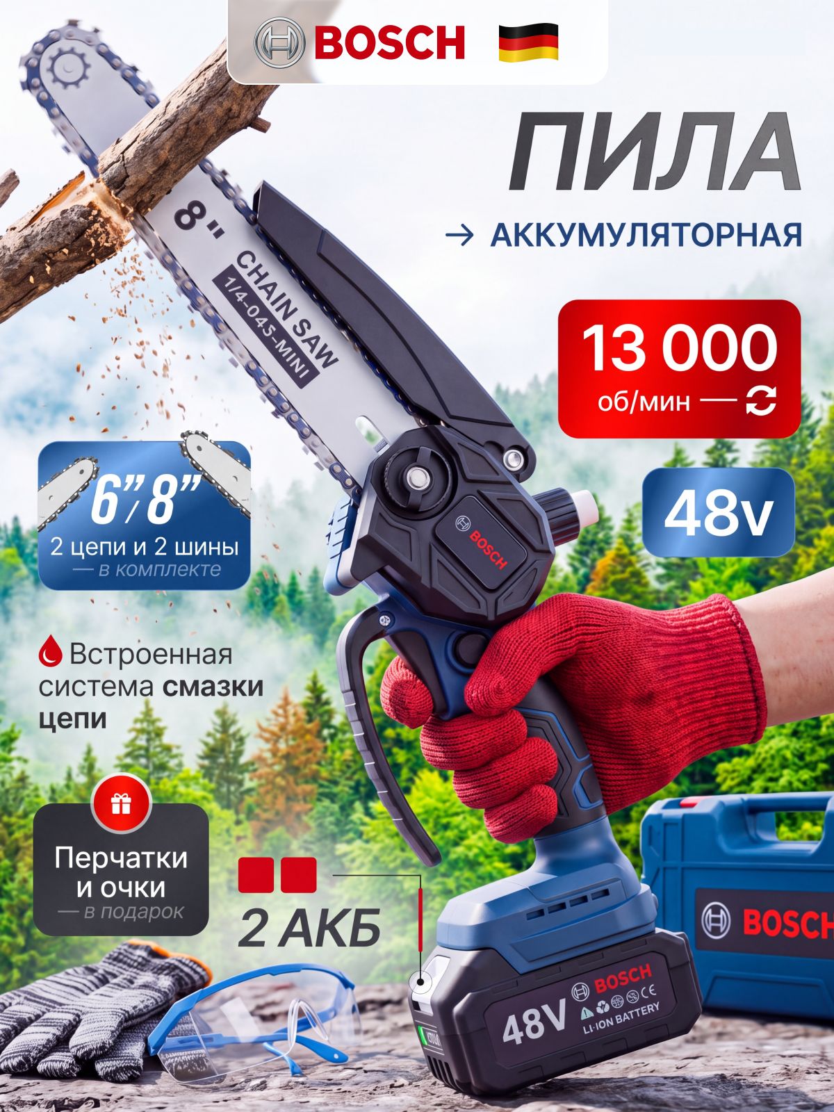 Пила аккумуляторная цепная садовая, сучкорез аккумуляторный садовый