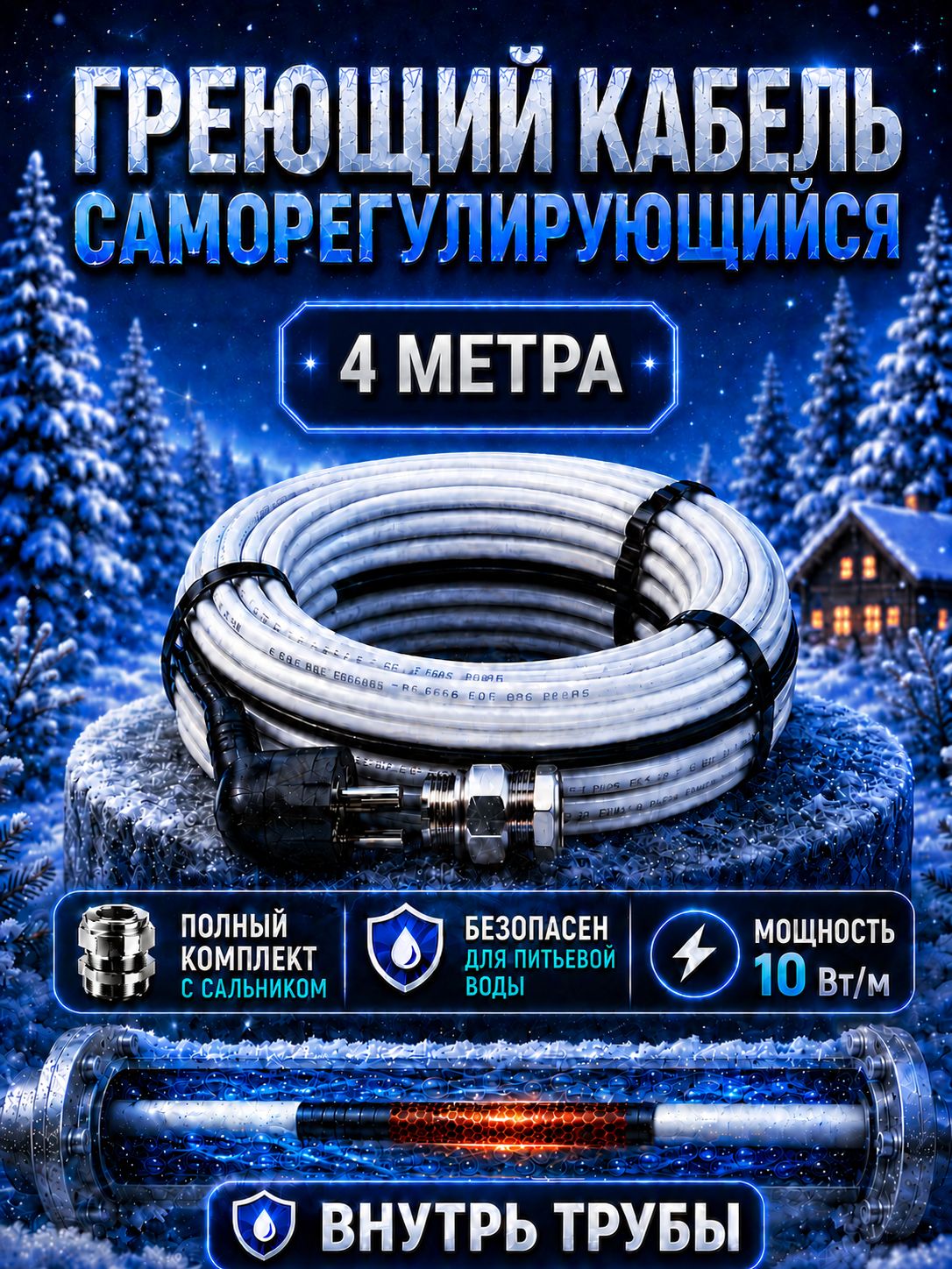 Греющий кабель в трубу водопровода саморегулирующийся 4 м - 10 Вт/м, комплект