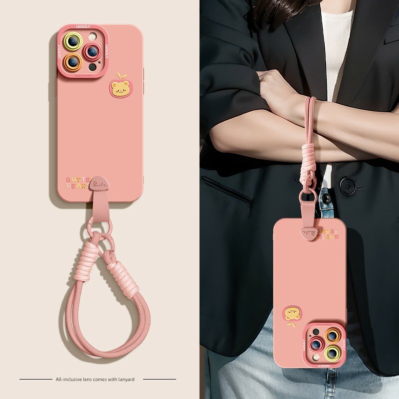 Чехол для iPhone 14 из силикона с узором Медвежонка, розовый (яблочный), короткий ремешок-ручка для повседневного стиля