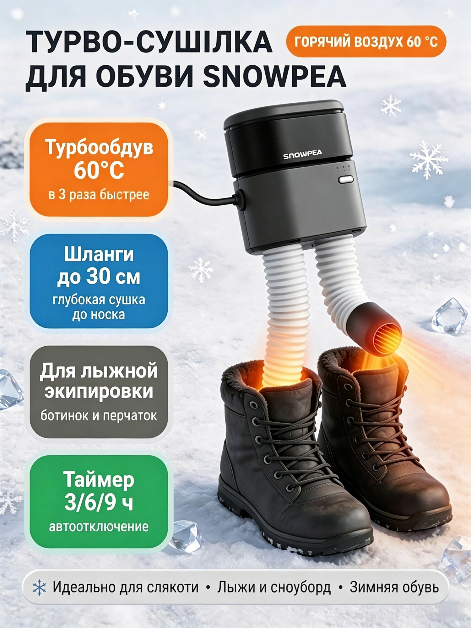 Турбо-сушилка для обуви Snowpea 60°C, с гибкими шлангами и таймером 3/6/9 ч, для лыжных ботинок, перчаток и зимней обуви