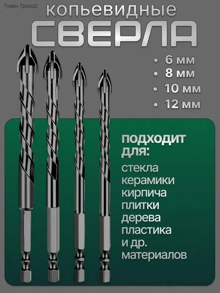 Набор направляемых сверл по стеклу, керамике и кафелю копьевидные 6, 8, 10, 12 мм с шестигранным хвостовиком (4 предмета)
