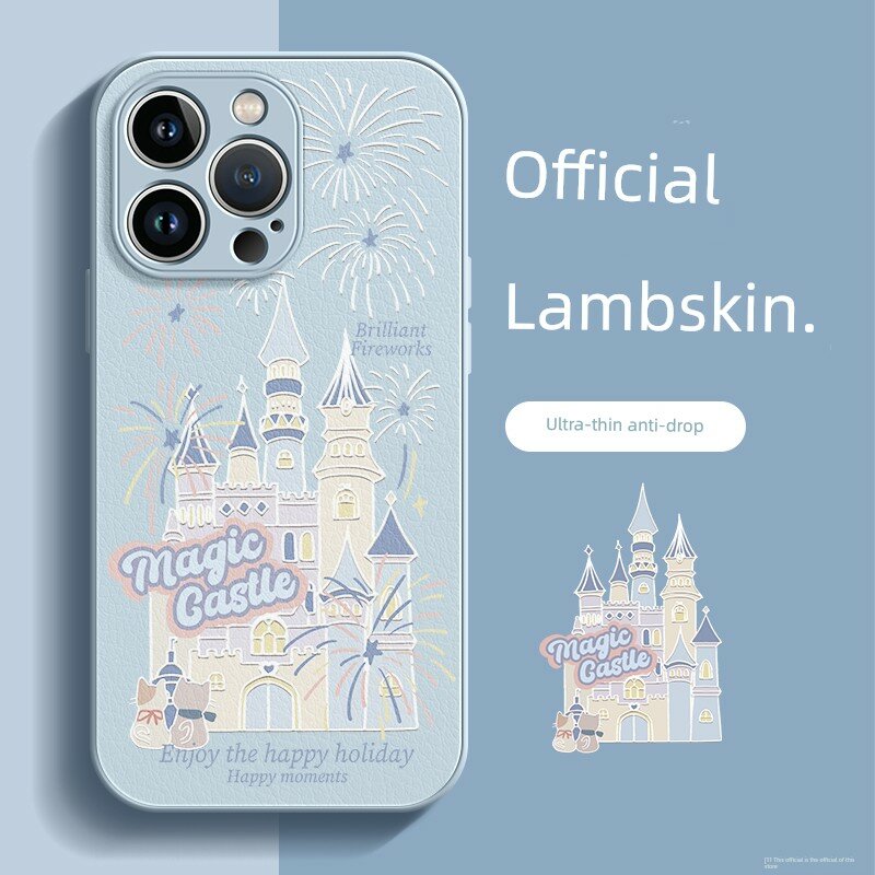 Чехол для iPhone 16 Pro из жидкой овечьей кожи с рисунком замка и фейерверков в глубоком синем цвете