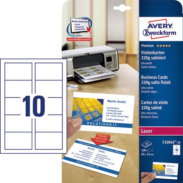 Визитные карточки Avery Zweckform Quick&Clean [C32016-10] двусторонние матовые (ультрабелые, 220 г/м², 85х54 мм, 100 шт)