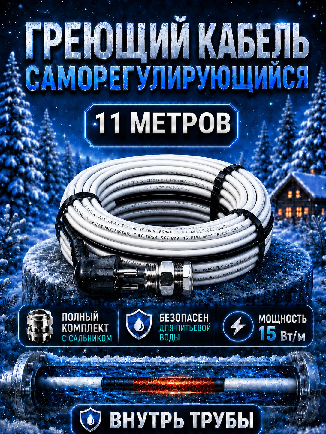 Греющий кабель в трубу водопровода саморегулирующийся 11м - 15Вт/м комплект
