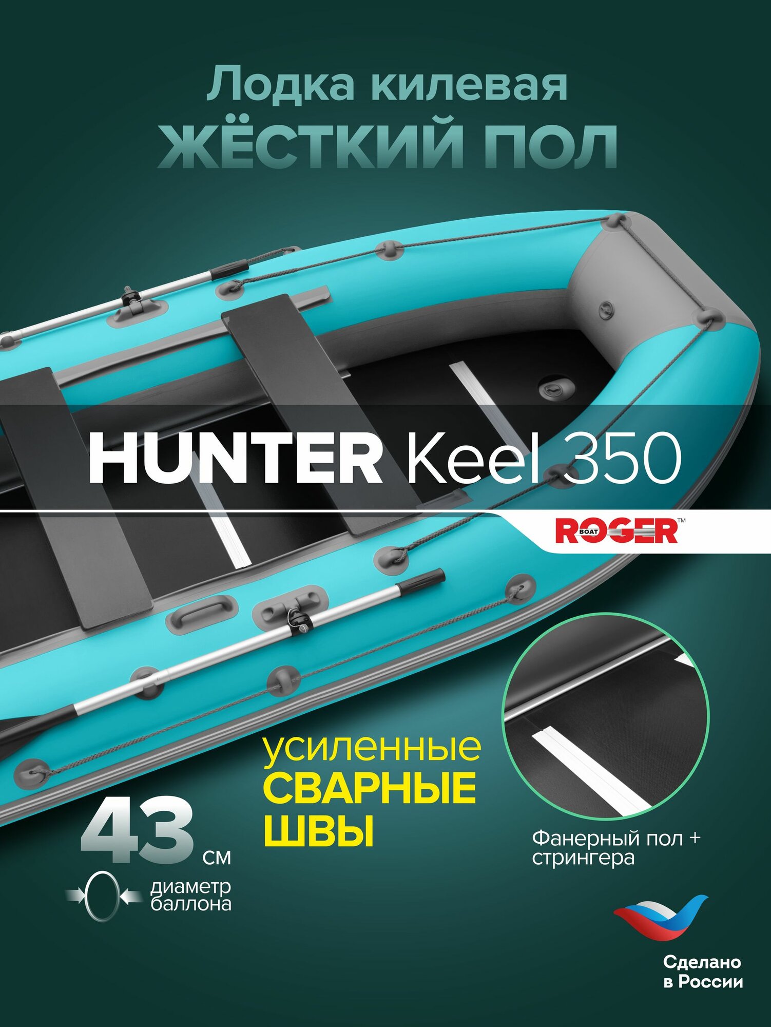 Лодка ПВХ под мотор ROGER Hunter Keel 350, надувная для рыбалки с жестким дном (бирюзовый-серый)