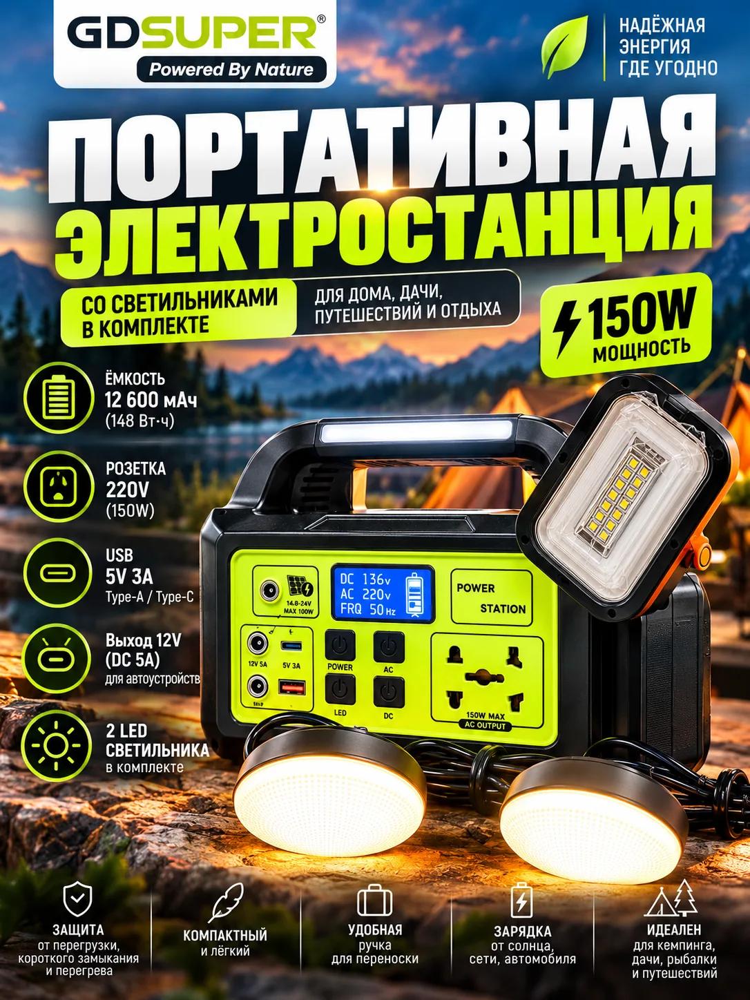 Портативная зарядная станция 150 Вт 220В, USB, 12В, аккумулятор 148 Вт·ч