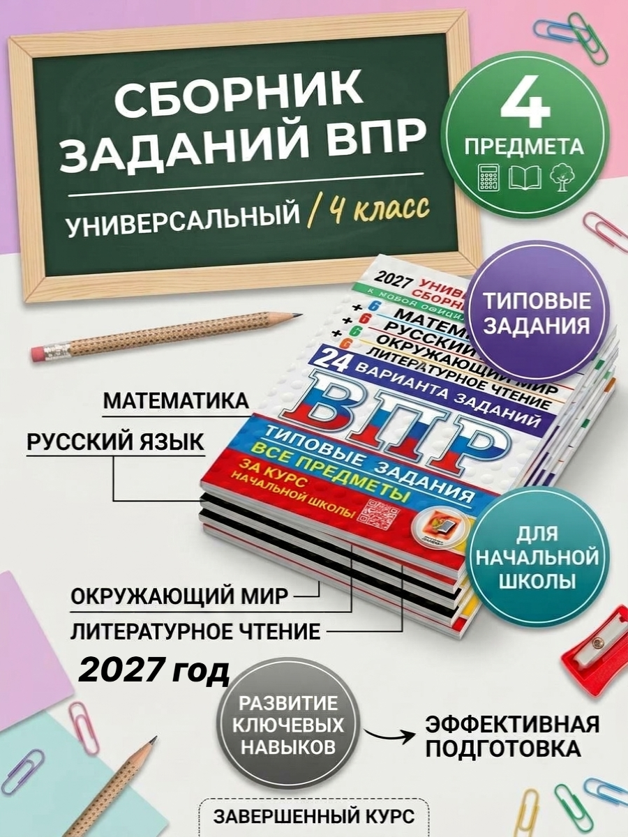 ВПР. 24 варианта 4 предмета. Математика. Русский язык. Окружающий мир. Литературное чтение.