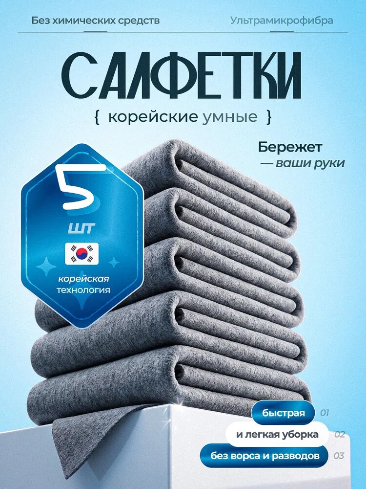 Умные салфетки 5 шт, тряпки для уборки без разводов и ворса, для стекол, зеркал, кухни и дома