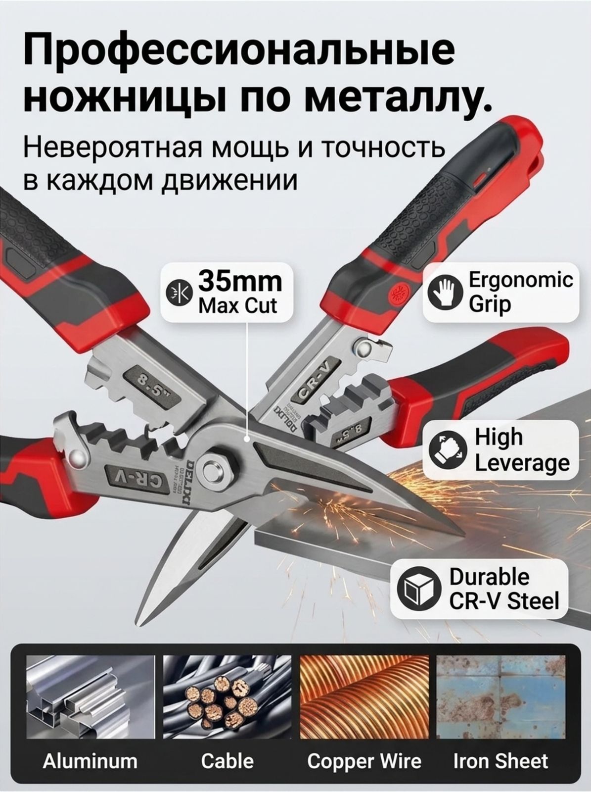 Ножницы по металлу многофункциональные 8.5" (215 мм), профессиональная кованая сталь CR-V, для резки листового железа, алюминия, кабеля и медной проволоки, ручной инструмент.