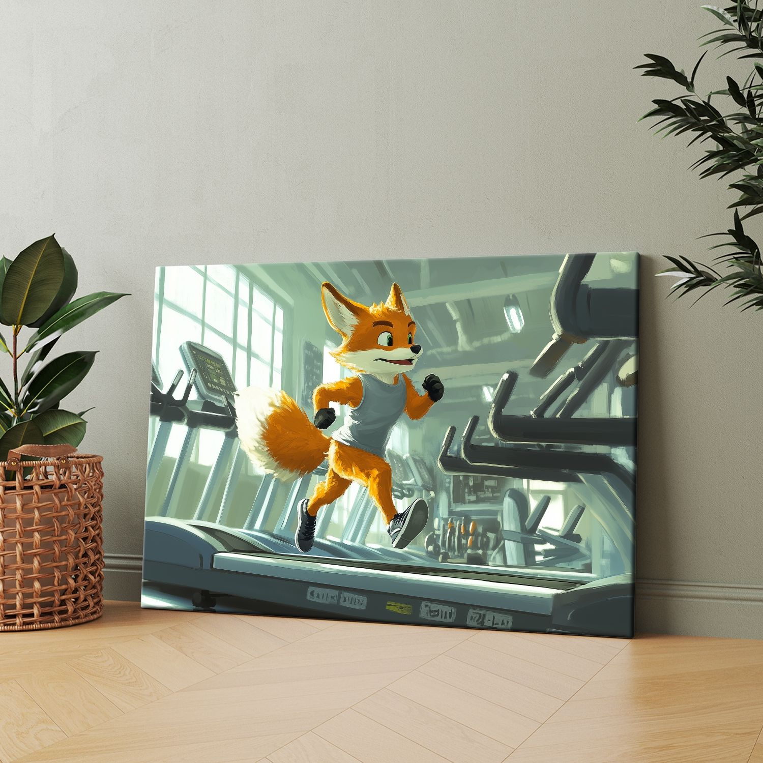 Картина на холсте (бег, лиса, тренажерный зал, мультфильм, спорт, дорожка для бега, тренировочный процесс) 30x40 см. Интерьерная на стену. Украше