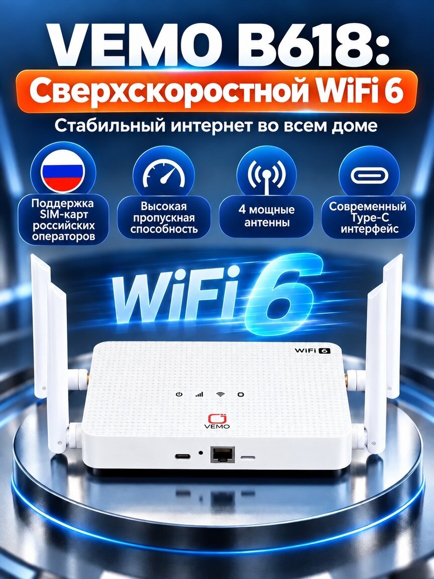 4G LTE роутер VEMO B618 , подходит для SIM-карт крупных российских операторов, Wi‑Fi 2.4 ГГц
