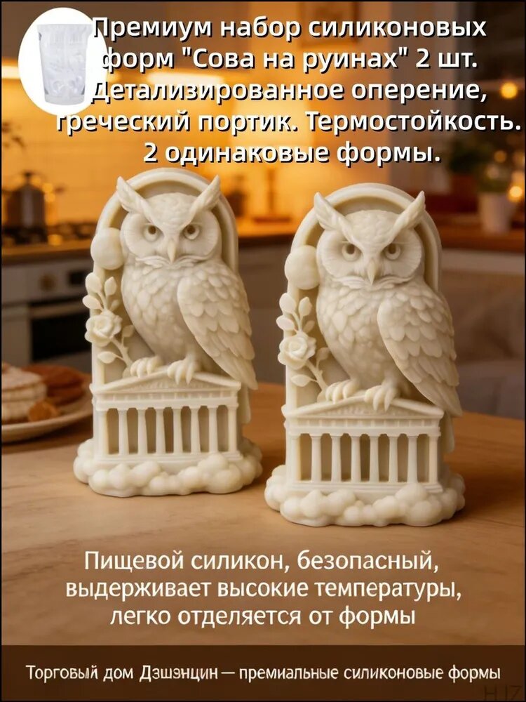 Формы для литья "Афинская сова" из пищевого силикона, набор 2 шт. Объемный реалистичный рельеф с проработанными перьями. Идеально для свечей, мыла и гипса.