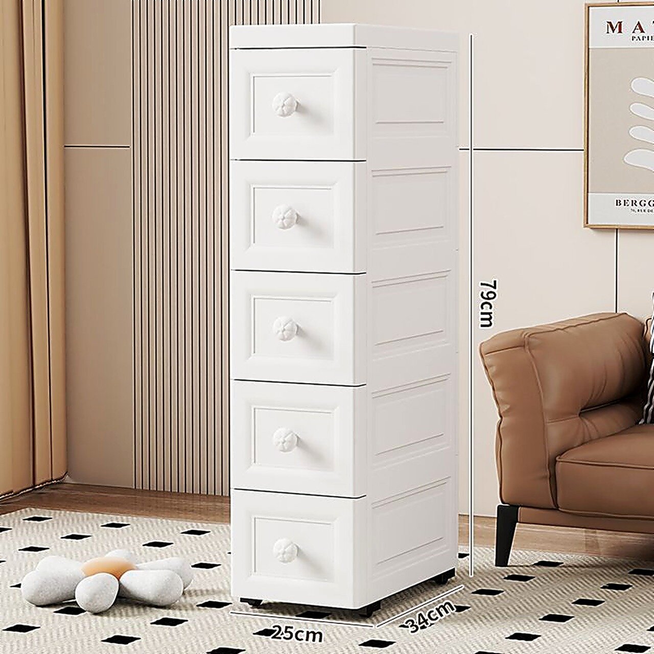 Kнижный шкаф, Узкий шкаф для хранения, Передвижной с колесами,25*34*79см