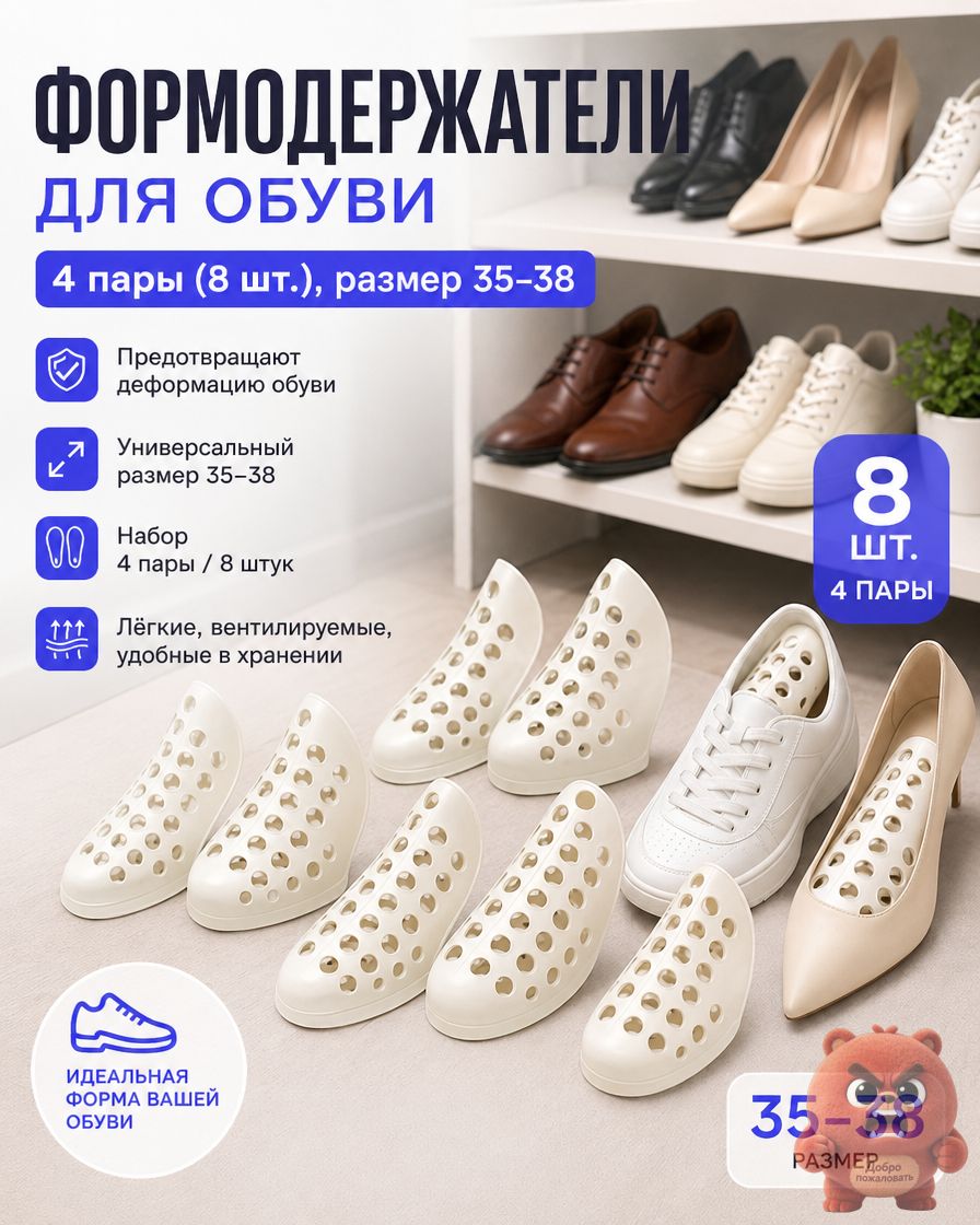 Колодки-формодержатели для обуви, 8 шт (4 пары), размер 35-38, белые
