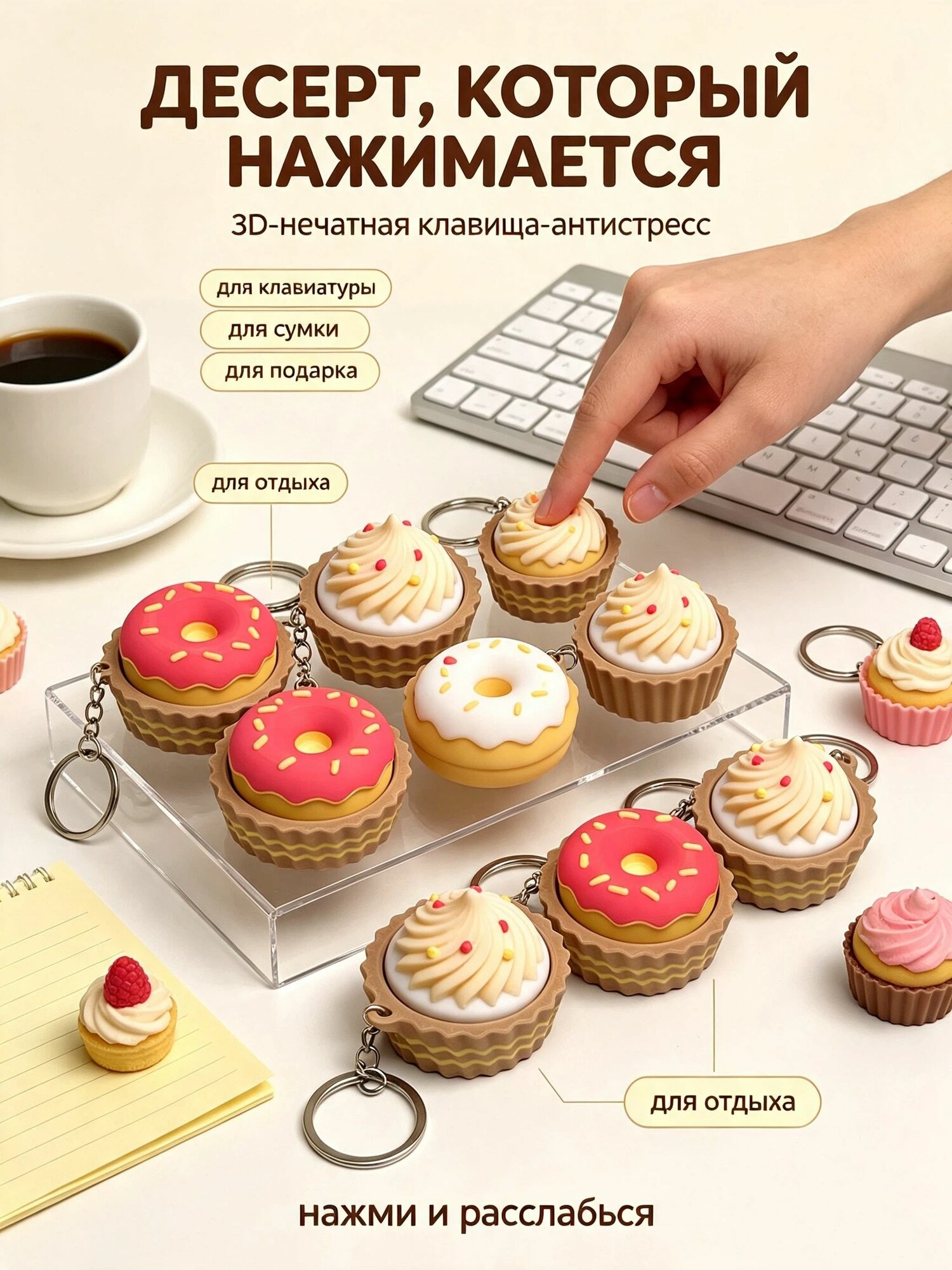 Брелок кликер антистресс, нажимная игрушка в виде пончика и кекса