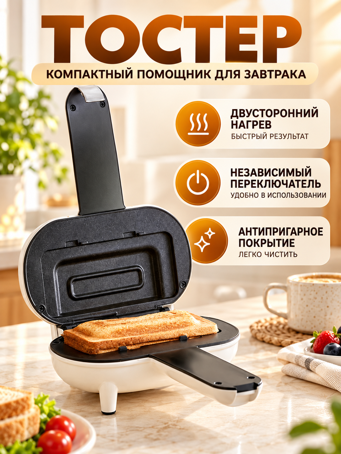Тостер для бутербродов электрический, компактный кухонный прибор с двусторонним нагревом и антипригарным покрытием