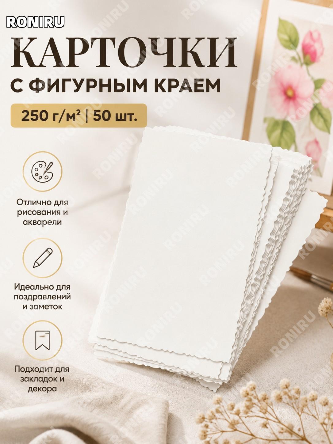 Карточки с фигурным краем 250 г, 50 шт для DIY открыток, рисования, рукоделия и творчества, декора и подарков.