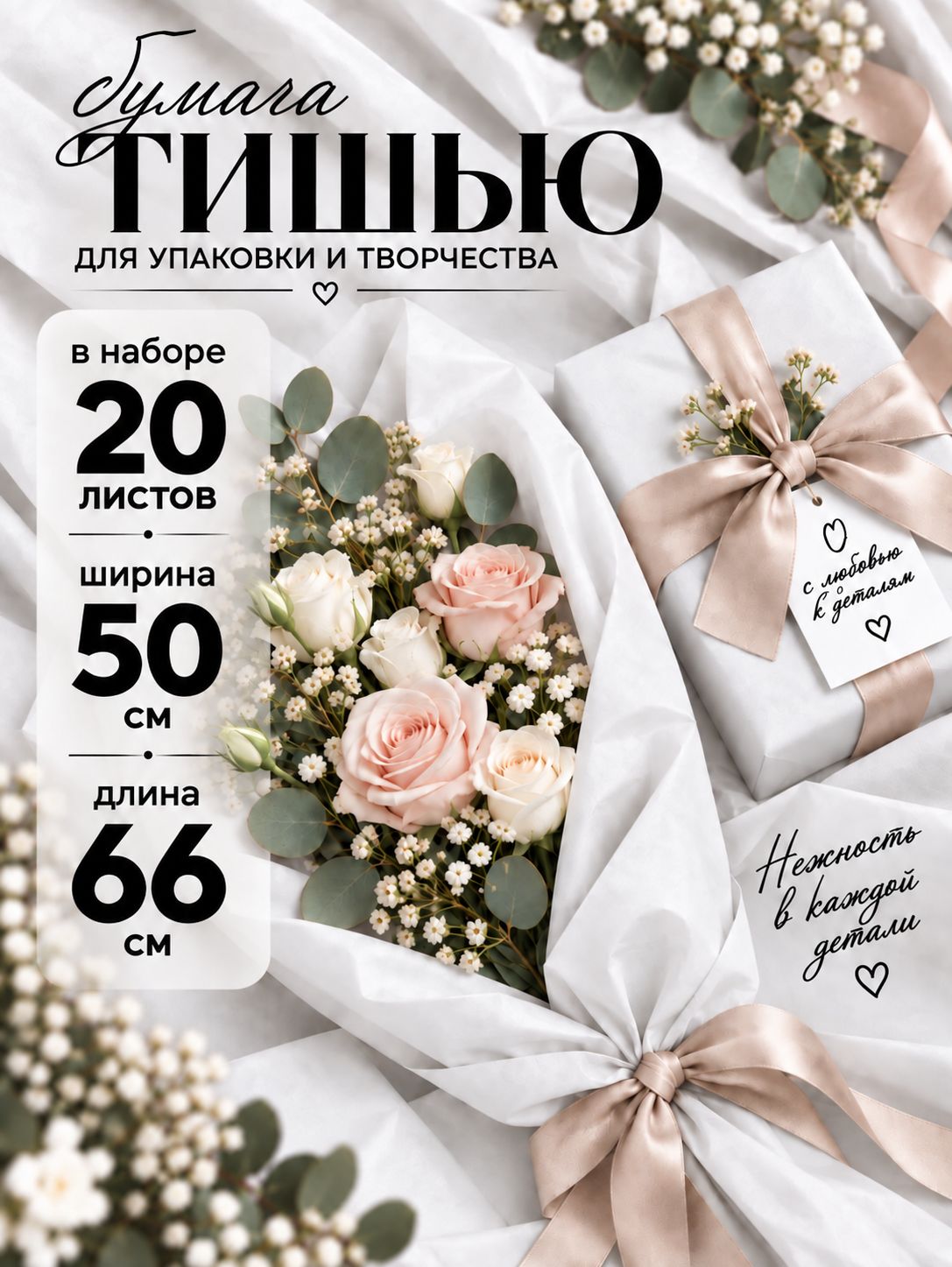 Бумага тишью упаковочная матовая однотонная. Набор 20 листов. Белый