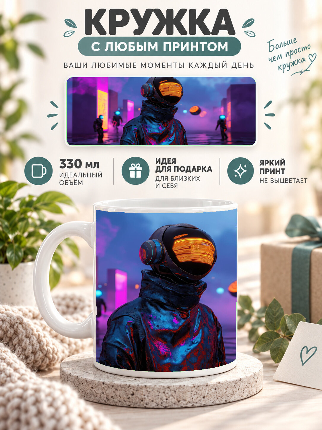 Кружка керамическая 330 мл белая с принтом a fashionable astronaut in neon world, для чая и кофе