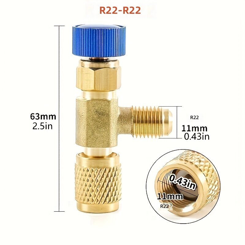Заправочный клапан для хладагента R22, резьба 1/4" на 5/16", медный, для систем кондиционирования и очистки воздуха