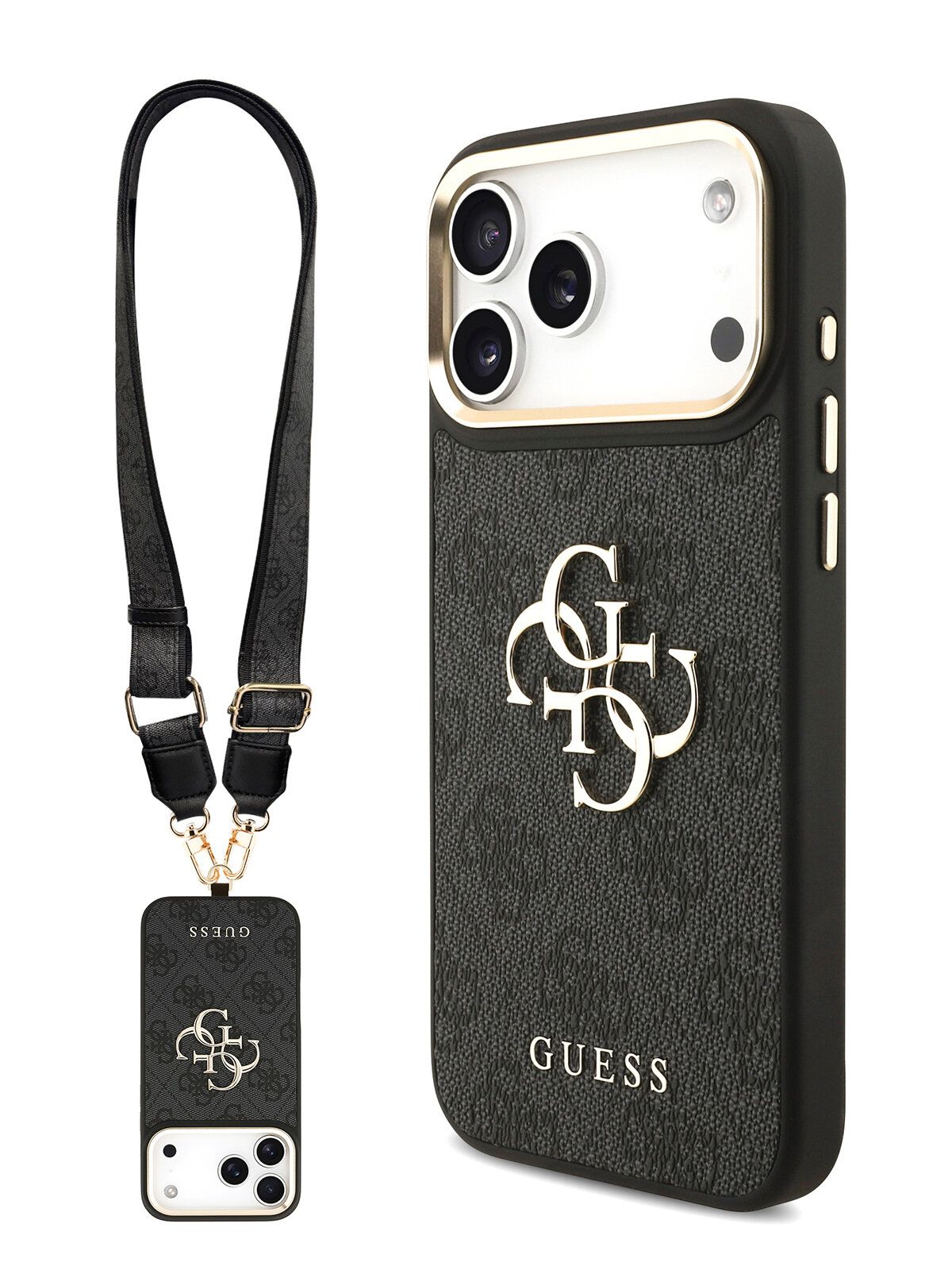 Чехол Guess на iPhone 18 Pro Max/17 Pro Max с ремешком кросс-боди, с защитной рамкой вокруг камеры, черный