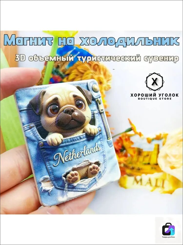 Эксклюзивный туристический сувенир "Нидерланды: Мопс в кармане", выполненный в виде объемного 3D магнита для холодильника.
