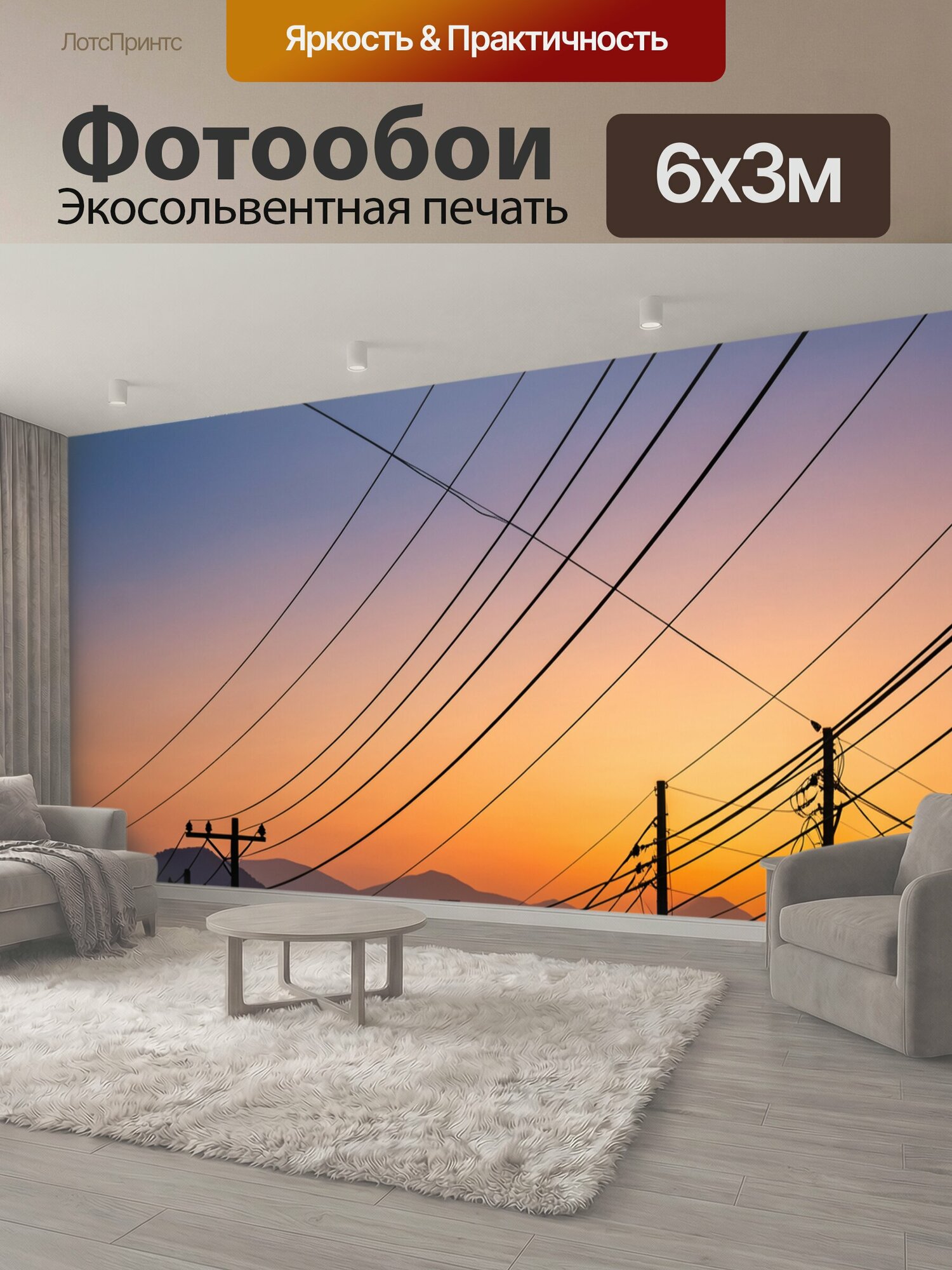 Фотообои "Город и линии электропередач. Силуэт ночного мегаполиса на закате: горы на горизонте, много тонких проводов и опоры электросети." 600x300 см. экосольвентная печать
