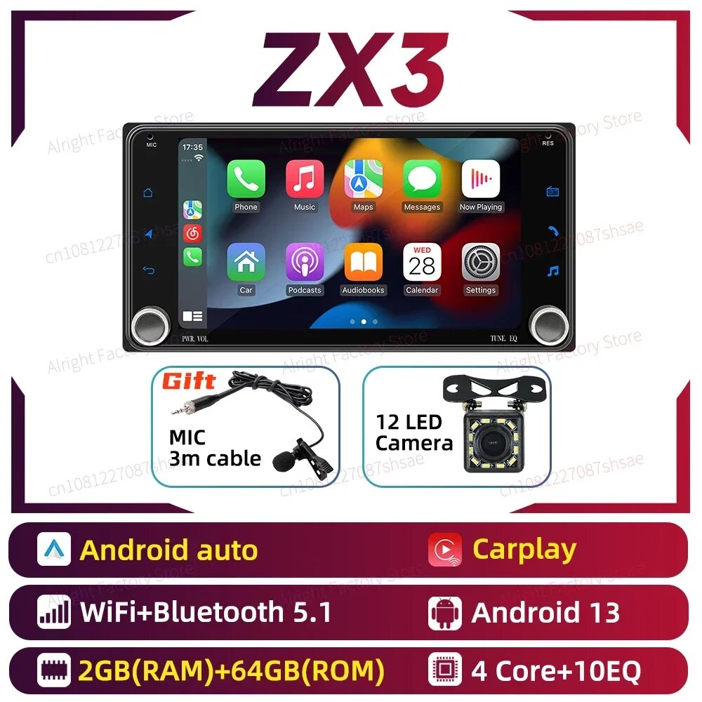 Автомагнитола Android 13 Zx3-CAM, 2DIN, CarPlay, Android Auto
