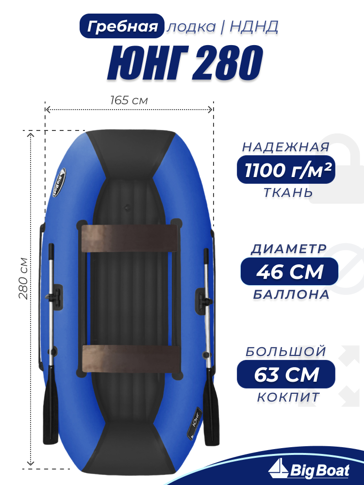 Гребная лодка ПВХ Big Boat Юнг 280, армированный ПВХ, 3 места, грузоподъемность 310 кг
