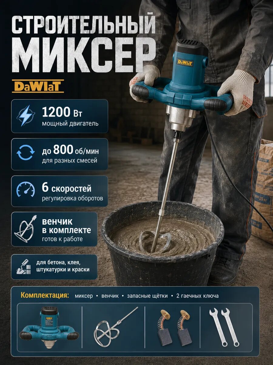 Миксер строительный электрический с венчиком 1200ВТ