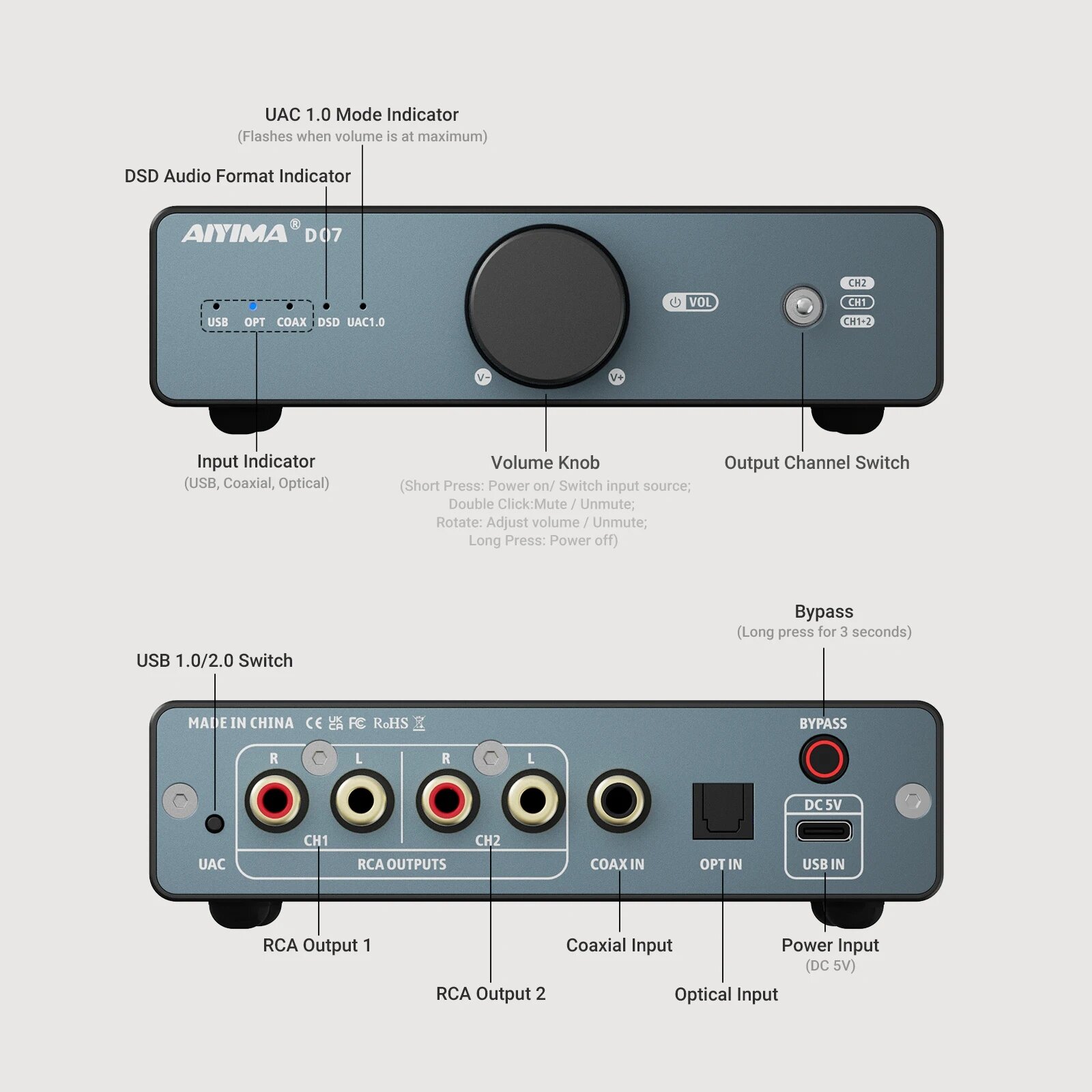 Декодер Aiyima D07, PCM 768 кГц/32 бит, DSD512, USB вход RCA выход — фото 1