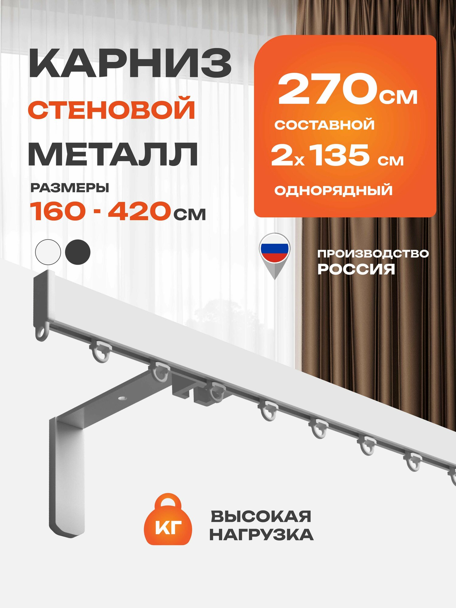 Карниз для штор Decofest FOCUS однорядный настенный 270 см металлический профильный составной белый, гардина для штор