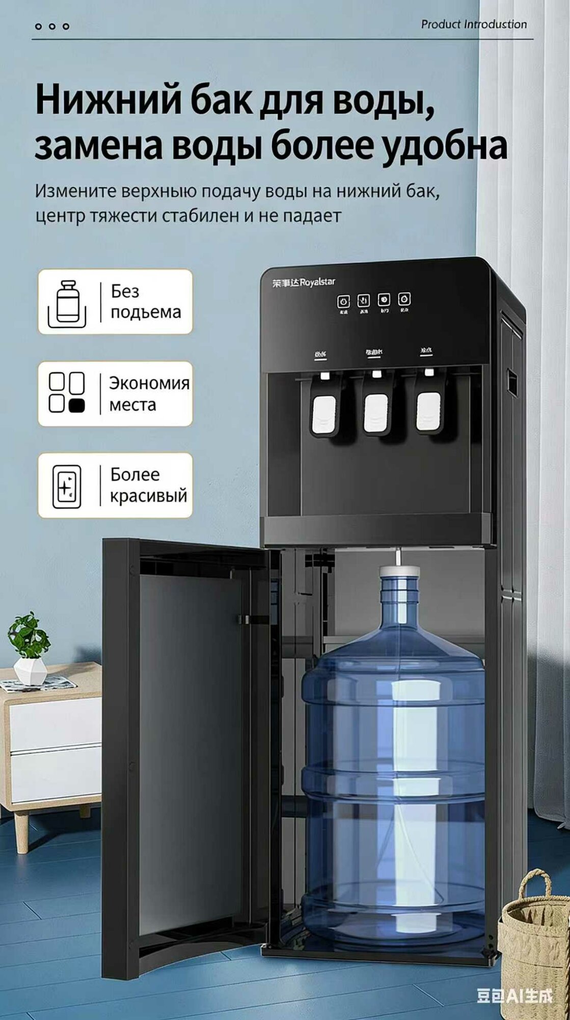 Кулер для воды с нагревом и охлаждением, черный, подача горячей и холодной воды, компактный