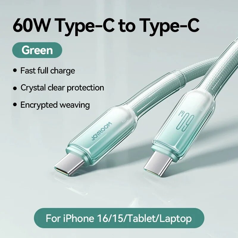 Joyroom PD 60 Вт USB C to Type C Кабель для быстрой зарядки данных для iPhone 16/15 Huawei Samsung Xiaomi USB-C Зарядный шнур 1,2/2 м