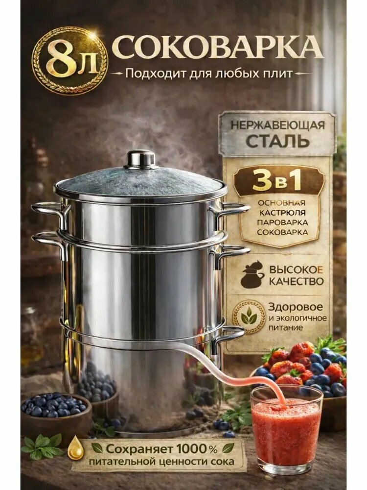 Соковарка 8 л из нержавеющей стали, 3 в 1: кастрюля, пароварка, соковарка, подходит для всех плит