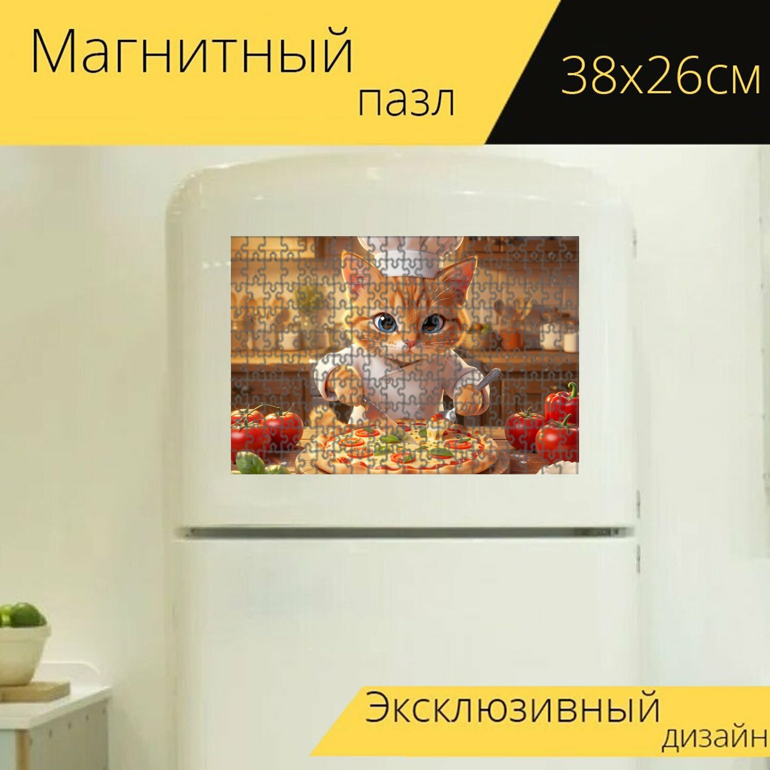 Магнитный пазл "Кот-шеф готовит пиццу. Милый рыжий котенок в белой поварской форме лепит итальянское блюдо на кухне: томаты, базилик, сыр, теплый свет и." для интерьера, 38х26 см.