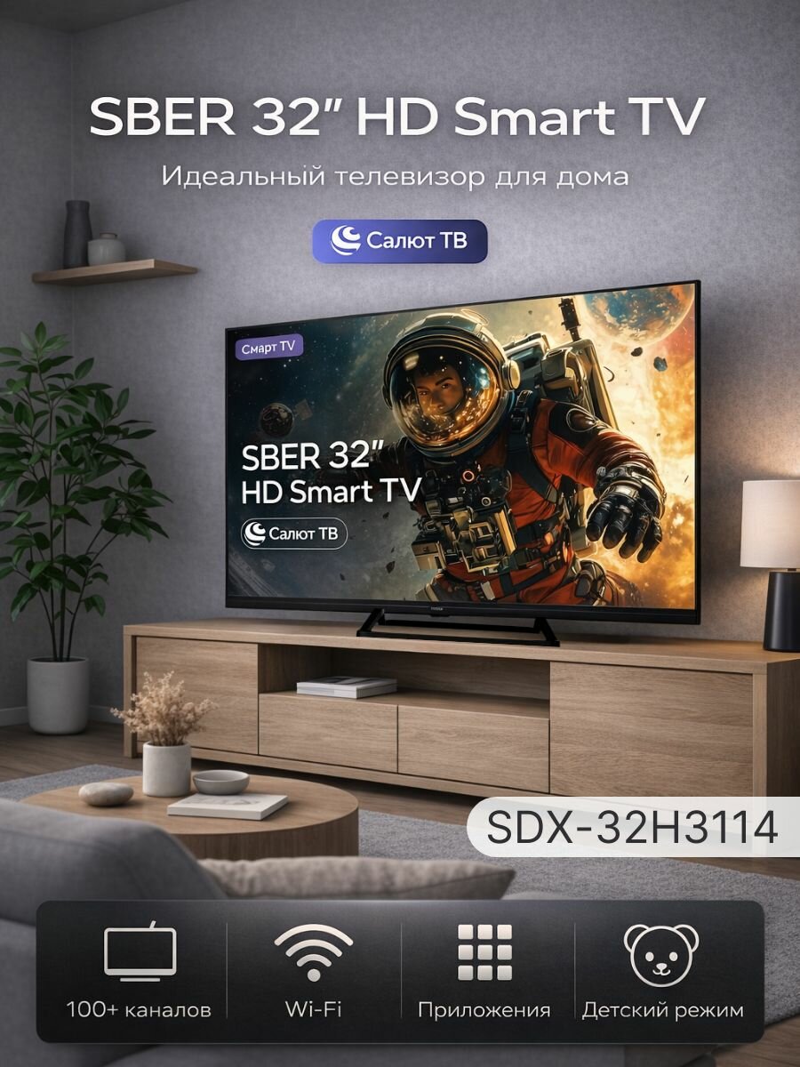 Телевизор SBER SDX-32H3114 HD, смарт ТВ, Салют ТВ, 32"