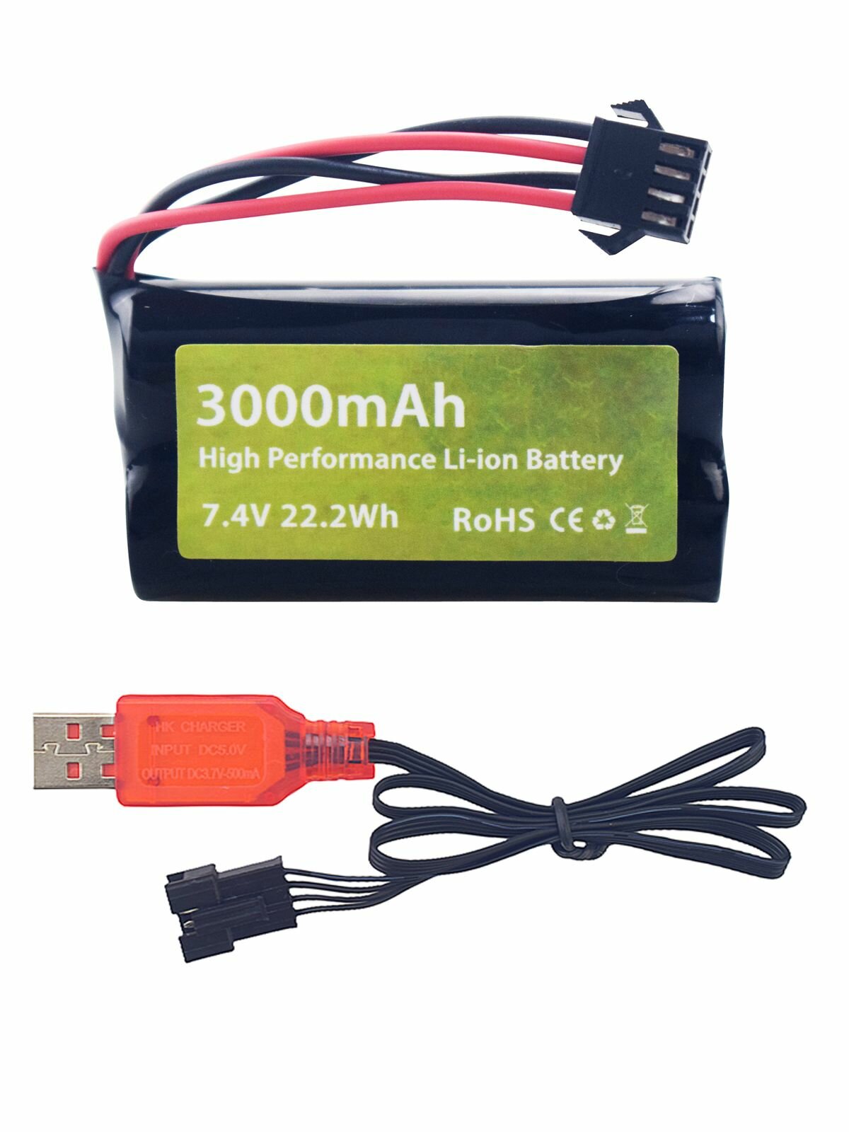 Аккумулятор 7.4V 3000 мАч SM-4P с USB зарядным кабелем для радиоуправляемой машины EC08 DE85, Li-Po 2S, балансный