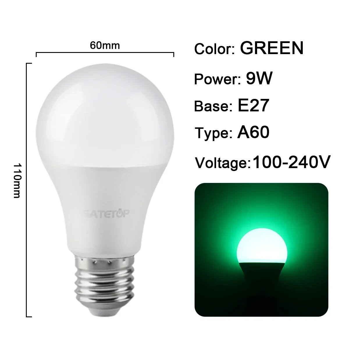 Светодиодная лампа Gatetop GREEN, A60 E27, 9W, 100-240V