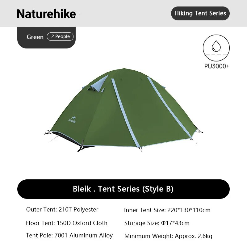 Палатка Naturehike Bleik для 2/3 человек ультralight двойного слоя из 210T рейнфорс nylon с алюминиевыми стойками водонепроницаемая для походов и велосипедных поездок - Зеленая B, 2 человека