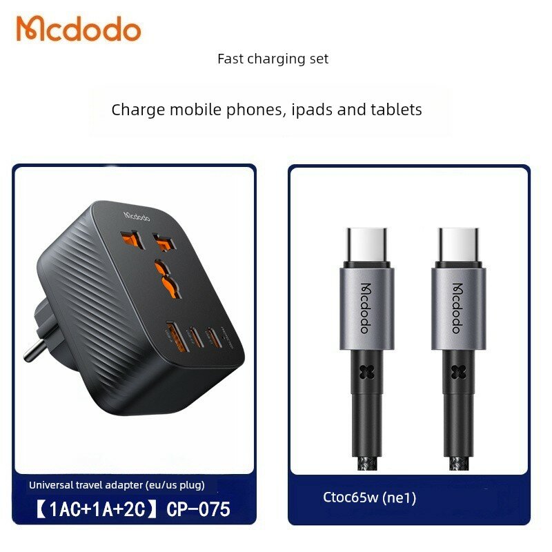 Портативный адаптер питания с европейским разъемом и кабелем 1.5 м 65 Вт USB-C на USB-C для устройств Apple и Android