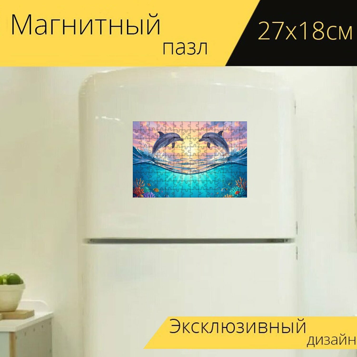 Магнитный пазл "Дельфины над морем на закате. Фантазийный морской пейзаж с прыгающими морскими млекопитающими, яркими кораллами и разноцветными рыбами." на холодильник 27 x 18 см.