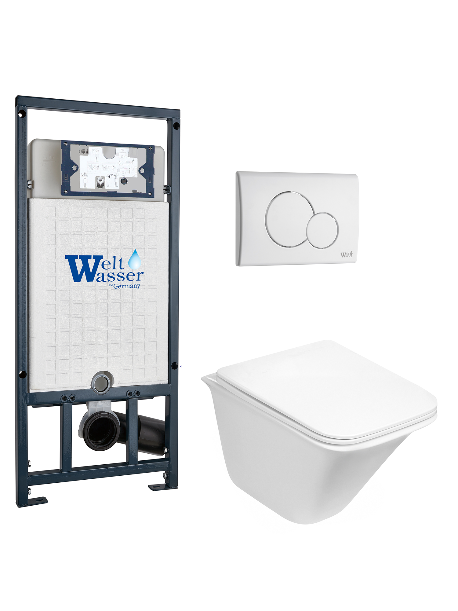 Комплект 3 в 1 Унитаз подвесной WeltWasser ROTBACH 004 GL-WT безободковый+Инсталляция MARBERG 507 с кнопкой MAR 507 RD GL-WT белая глянцевая