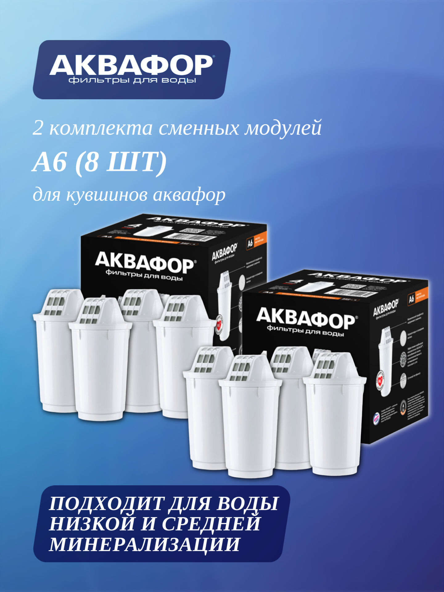 2 комплекта сменных модулей Аквафор А6 для кувшинов, 2 уп, 8 шт.