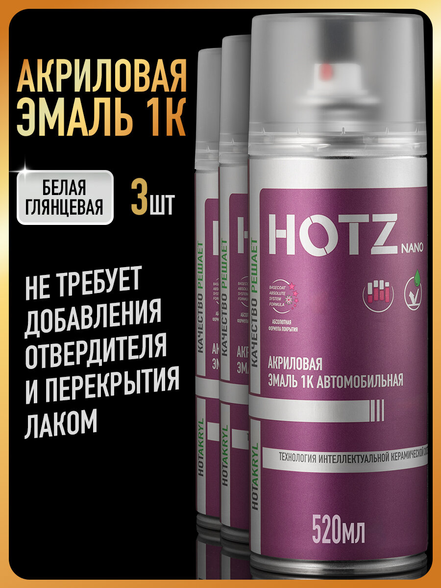 Акриловая краска автомобильная 1К Белая глянцевая 520 мл. - 3 шт. (не требуется отвердитель), HOTZ