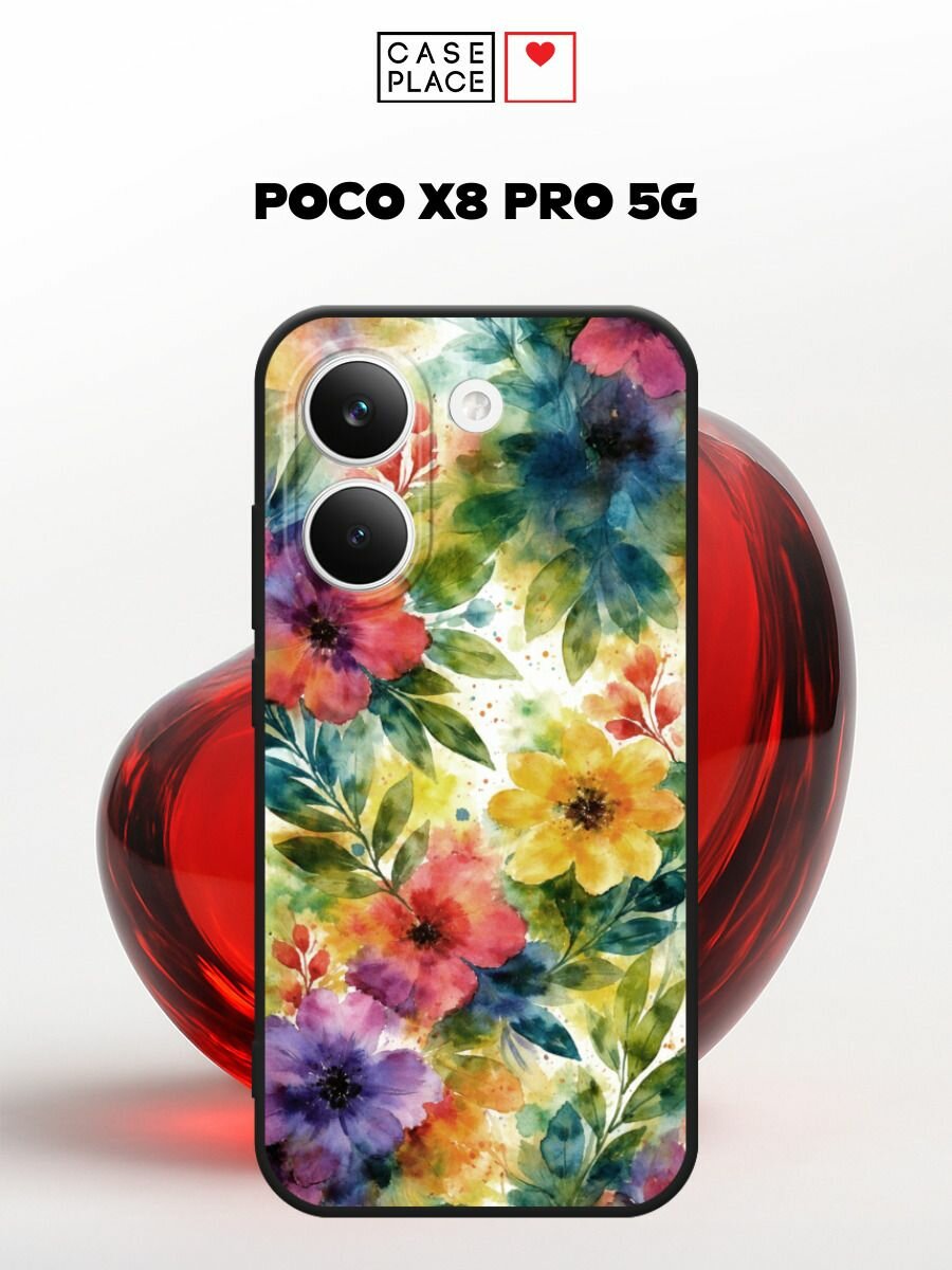 Черный матовый чехол на Poco X8 Pro / Поко X8 Про с принтом Яркие акварельные цветы