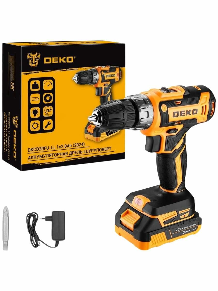 Аккумуляторная дрель-шуруповерт DEKO DKCD20DR, 20В, 1x2.0Ач, з/у (2024)